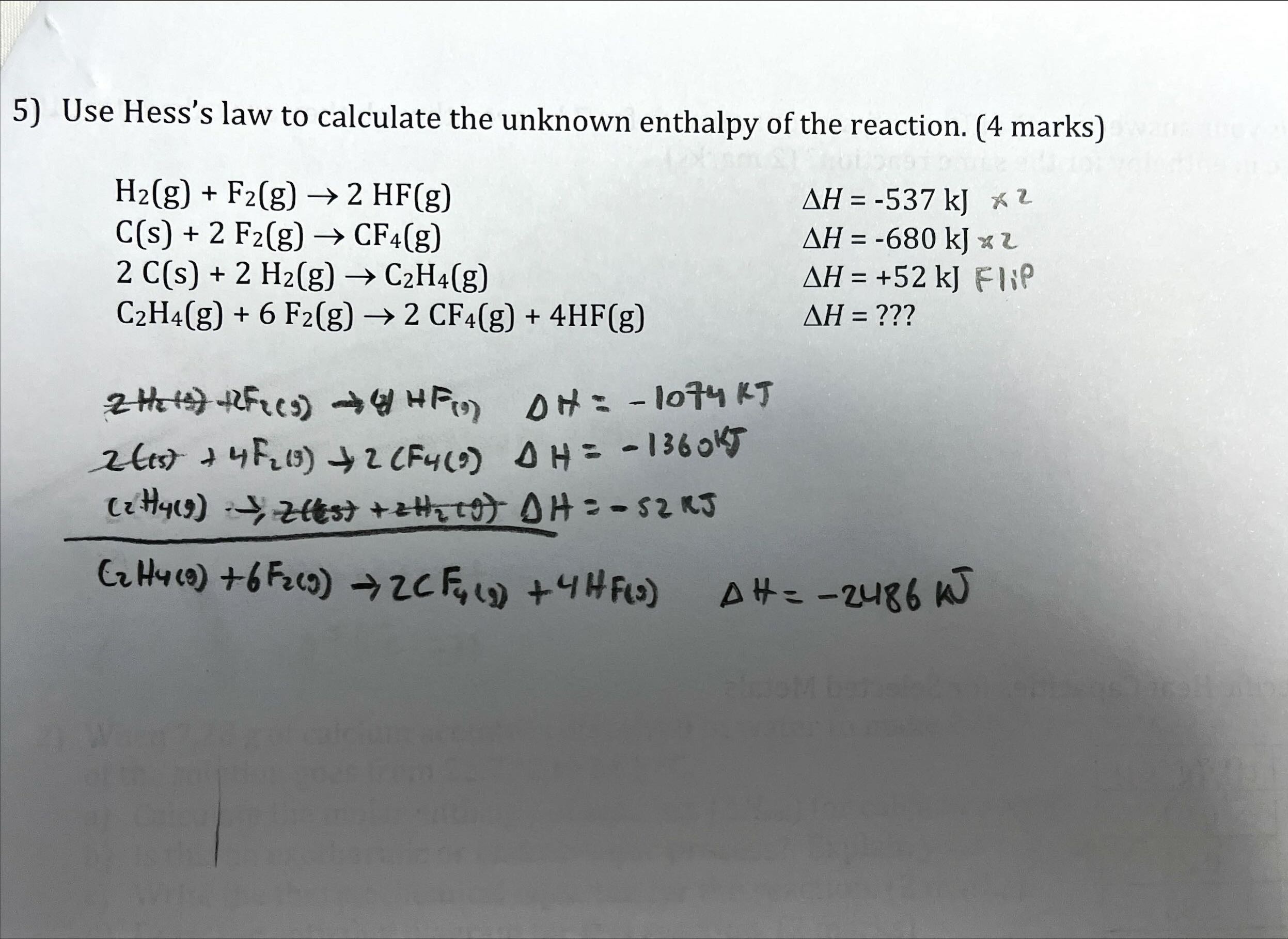 Solved Use Hess's law to calculate the unknown enthalpy of | Chegg.com