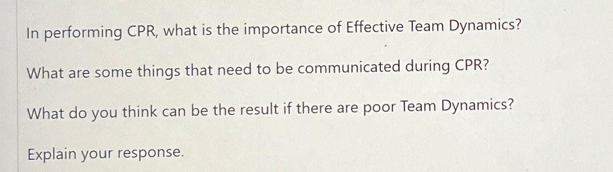 Solved In performing CPR, ﻿what is the importance of | Chegg.com