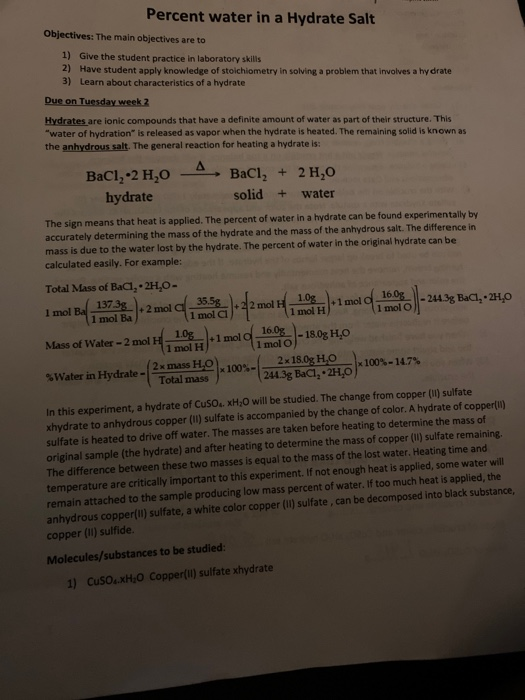 Solved Percent water in a Hydrate Salt Objectives: The main | Chegg.com