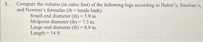 Solved 1. Compute the volume (in cubic feet) of the | Chegg.com