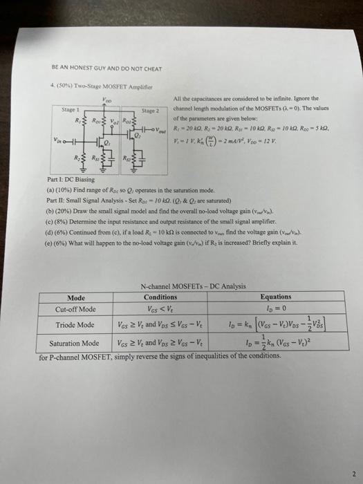 Solved 4. (50 : ) Two-5ase MOSF1T Amplifier All the | Chegg.com