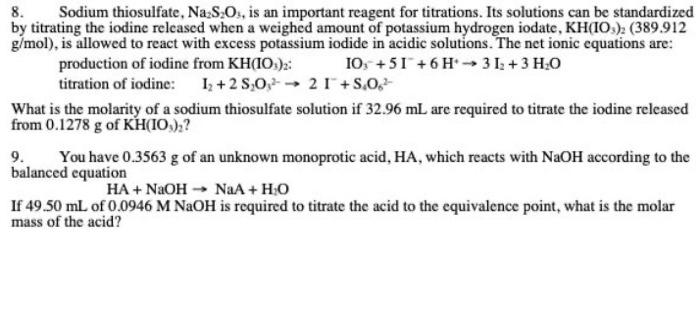 Solved 8. Sodium thiosulfate, Na2 S2O3, is an important | Chegg.com