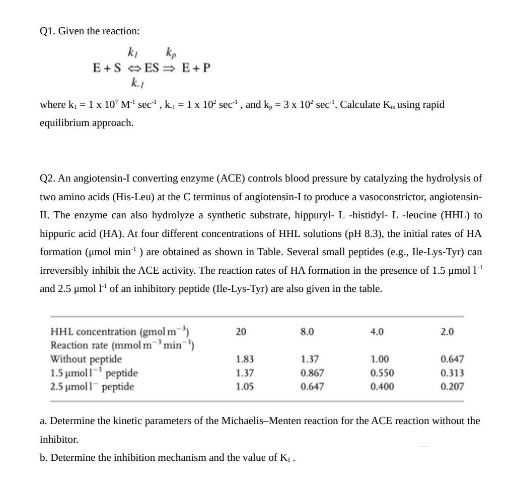 Solved Q1. Given the reaction: \\[ \\mathrm{E}+\\mathrm{S} | Chegg.com