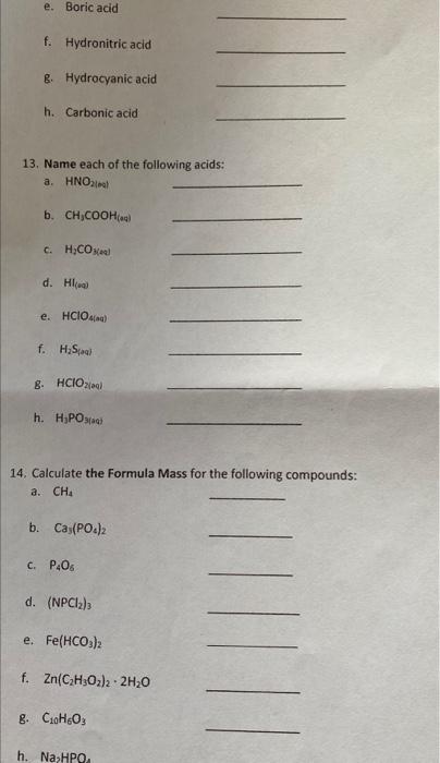 Solved f. Hydronitric acid g. Hydrocyanic acid h. Carbonic | Chegg.com