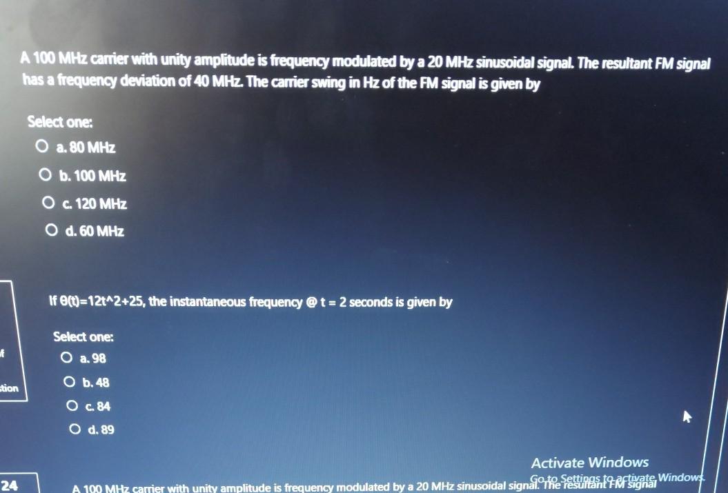 Solved A 100 MHz carrier with unity amplitude is frequency | Chegg.com