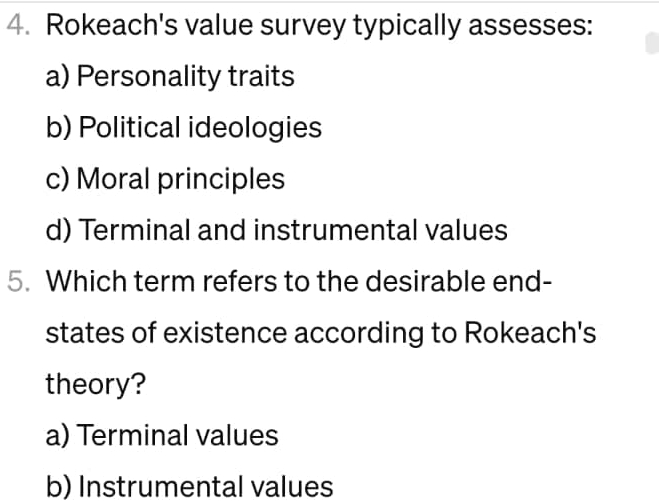 Solved Rokeach's value survey typically assesses:a) | Chegg.com