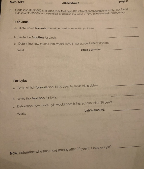 Solved Math 1314 Lab Module 4 page 2 Linda invests $3000 in | Chegg.com