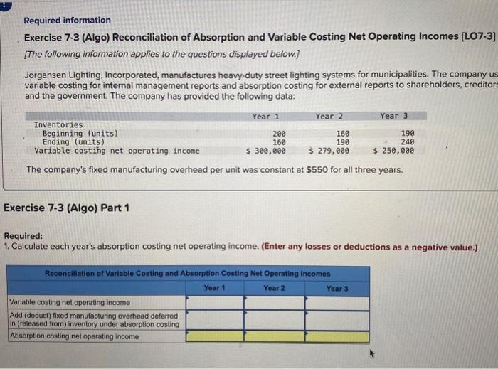 Solved Required information Exercise 7-3 (Algo) | Chegg.com