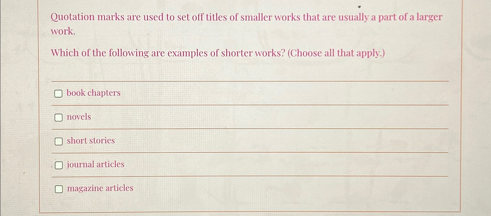 Solved Quotation marks are used to set off titles of smaller | Chegg.com