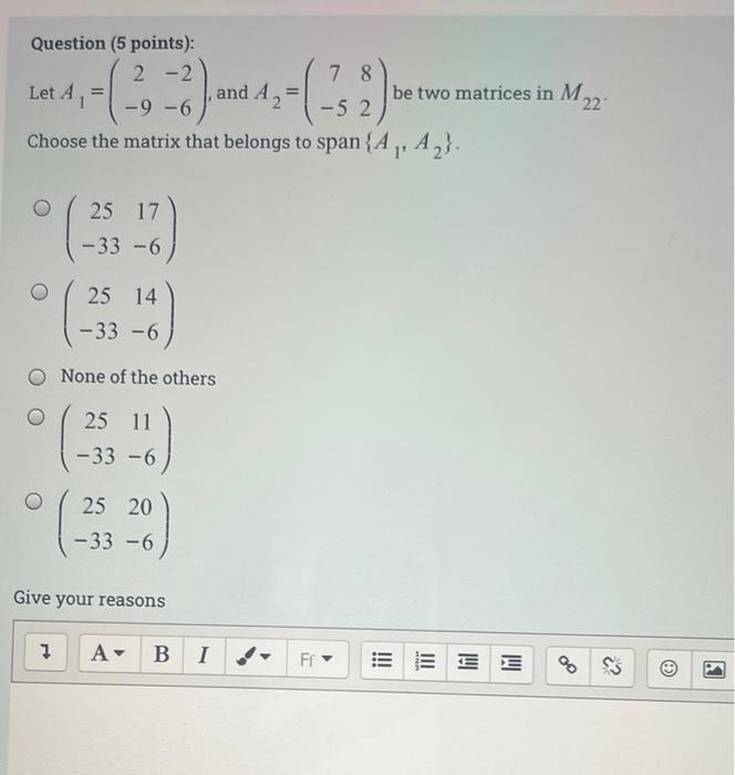Solved Question (5 points): Let A1=(2−9−2−6), and A2=(7−582) | Chegg.com