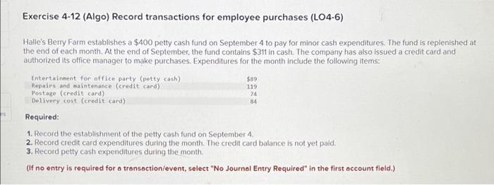Solved Exercise 4-12 (Algo) Record transactions for employee | Chegg.com
