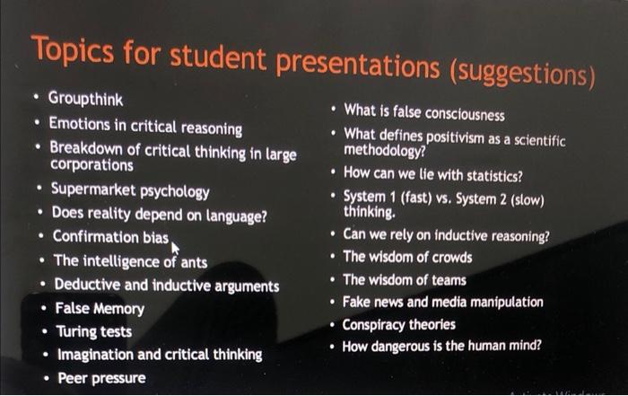 Topics for student presentations (suggestions) - | Chegg.com