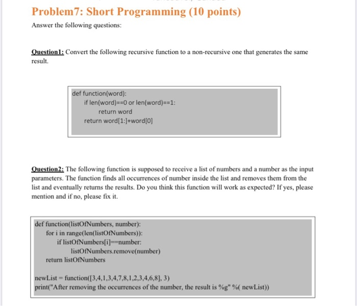 Solved Problem7: Short Programming (10 points) Answer the | Chegg.com