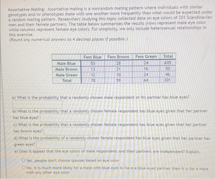 Solved Assortative Mating: Assortative mating is a nonrandom | Chegg.com