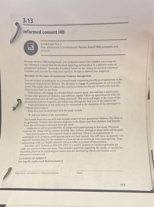 Solved 3.13 Informed consent IRB Subdomain ILE 2 Plan | Chegg.com