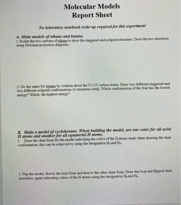 Solved Molecular Models Report Sheet No laboratory notebook | Chegg.com