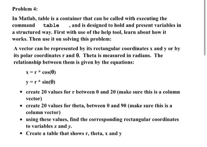 Solved Problem 4: In Matlab, table is a container that can | Chegg.com