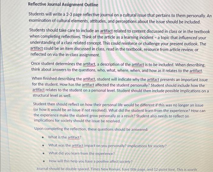 Solved Reflective Journal Assignment Outline Students will | Chegg.com