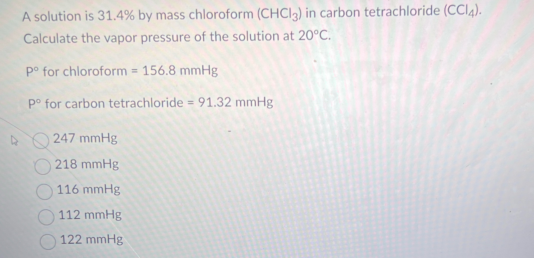 Solved A solution is 31.4% ﻿by mass chloroform (CHCl3) ﻿in | Chegg.com