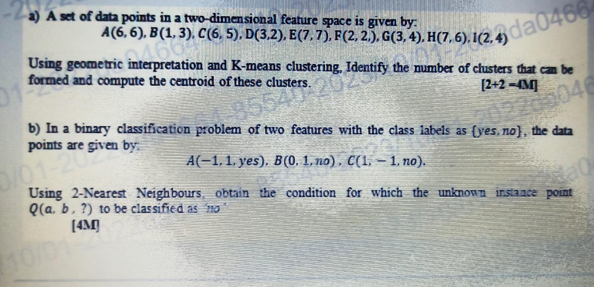 Solved a) A set of data points in a two-dimensional feature | Chegg.com