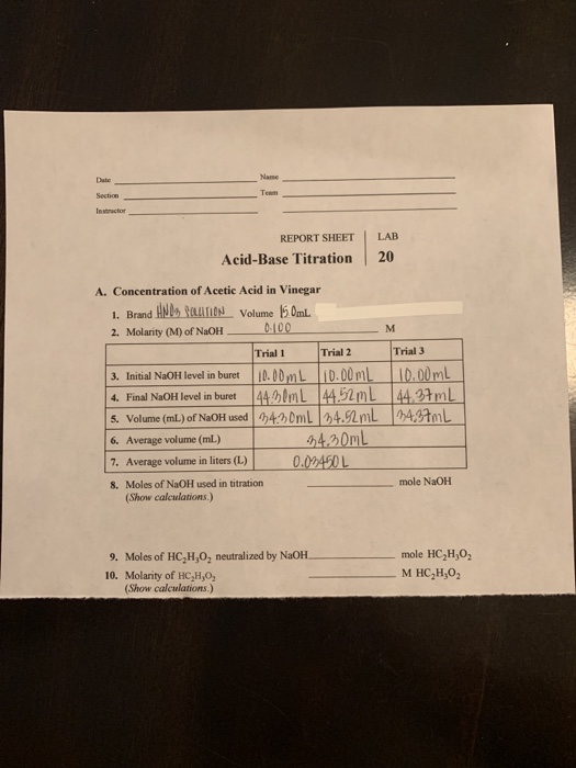 Solved Name Team Sectie Instructor Report Sheet Acid Base