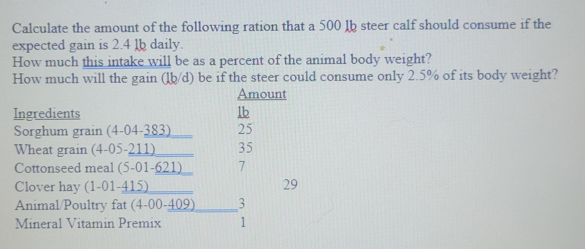 Solved Calculate the amount of the following ration that a | Chegg.com