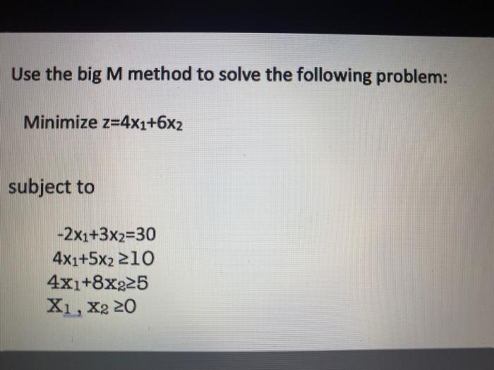 Solved Use the big M method to solve the following problem: | Chegg.com