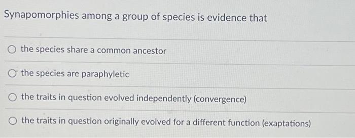 Solved Synapomorphies among a group of species is evidence | Chegg.com