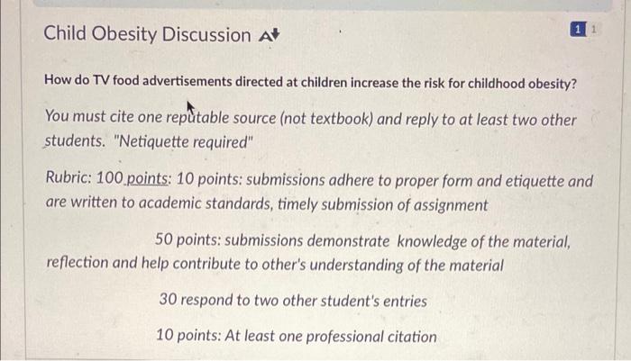 Solved Child Obesity Discussion A How do TV food | Chegg.com