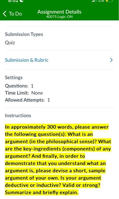 Submission Types Quiz Submission \& Rubric Settings | Chegg.com