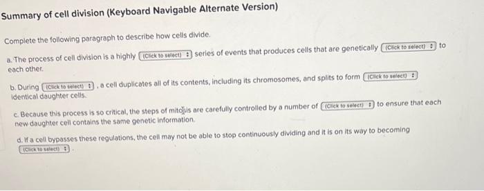 Solved Summary of cell division (Keyboard Navigable | Chegg.com