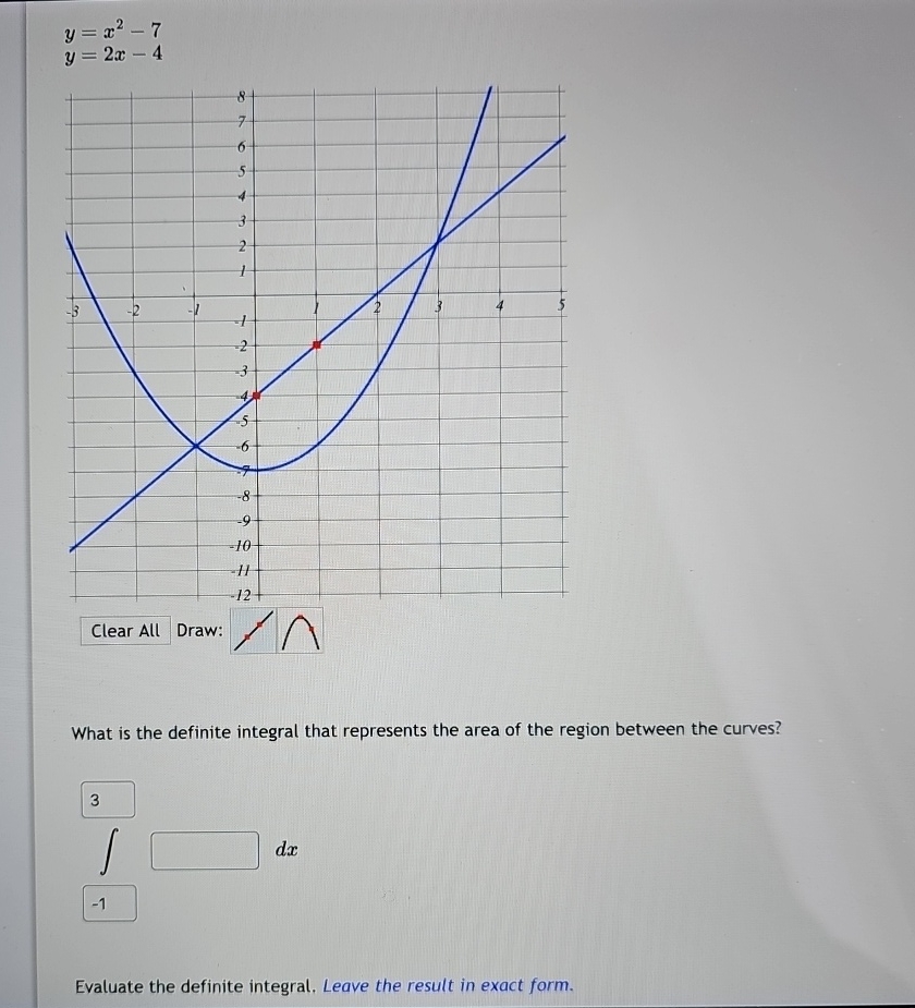 Solved y=x2-7y=2x-4Clear AllDraw: What is the definite | Chegg.com