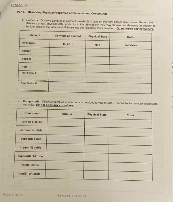 Solved Procedure Part I. Observing Physical Properties of | Chegg.com