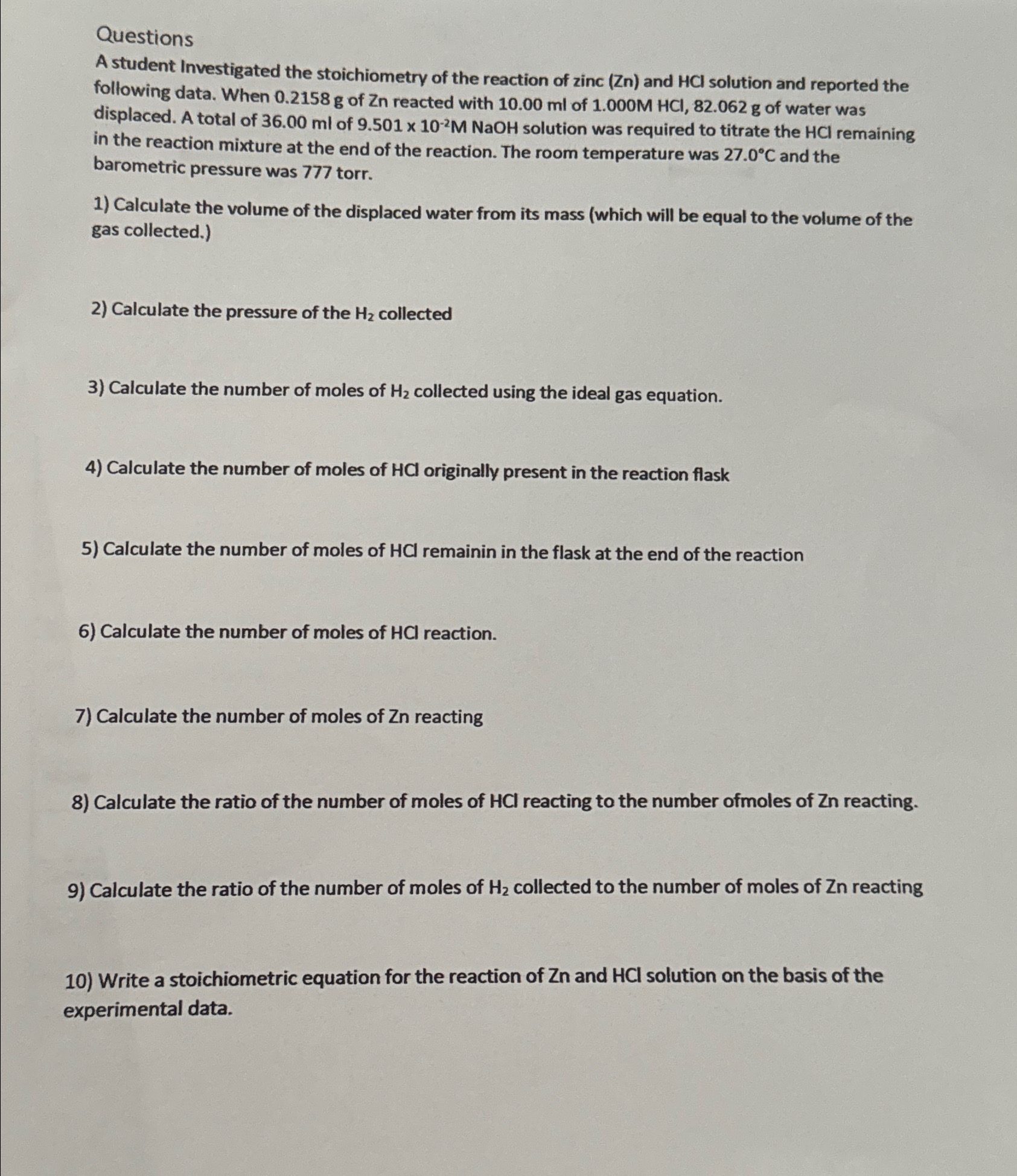 Solved QuestionsA student Investigated the stoichiometry of | Chegg.com