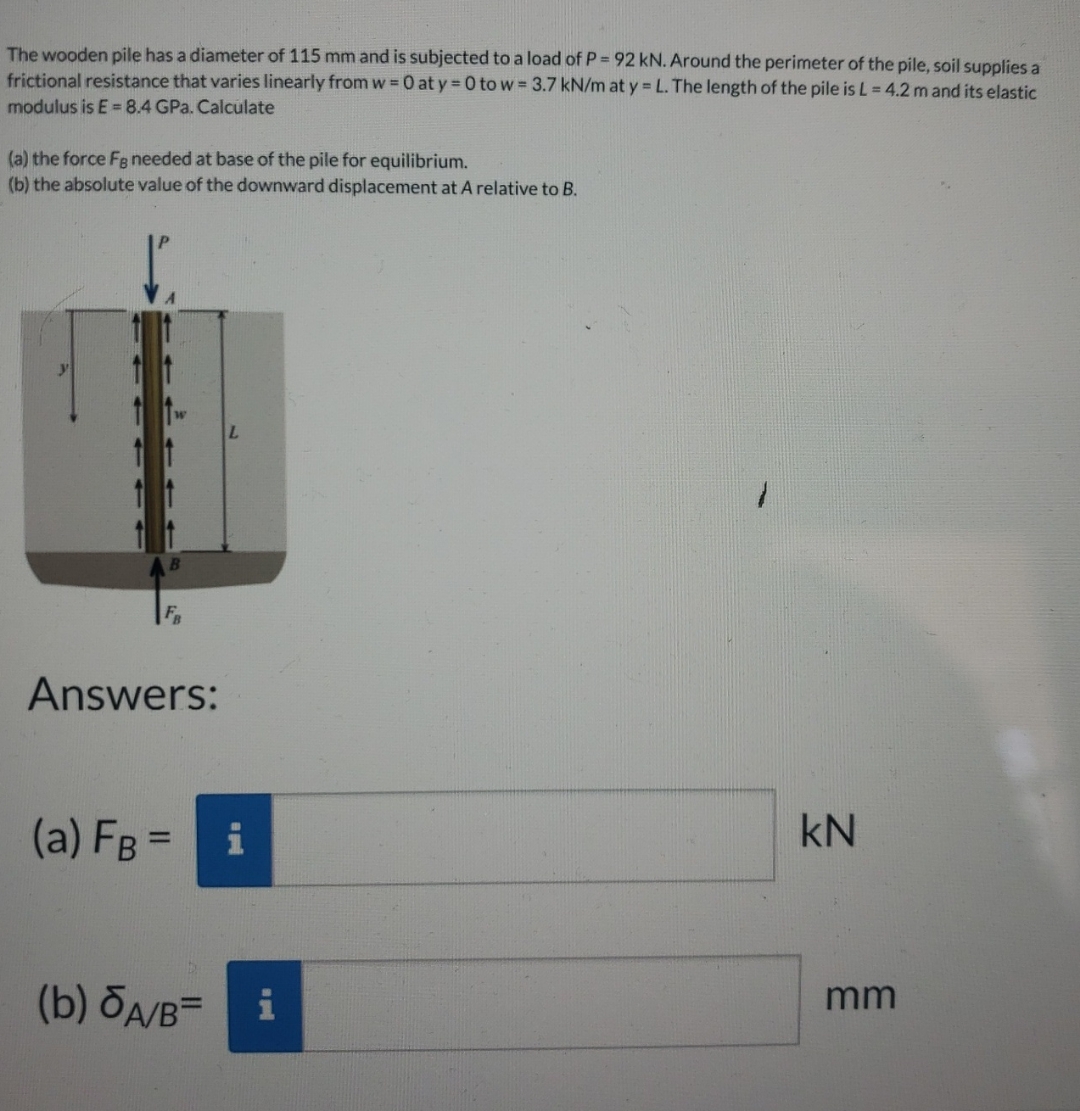 Solved The wooden pile has a diameter of 115mm ﻿and is | Chegg.com