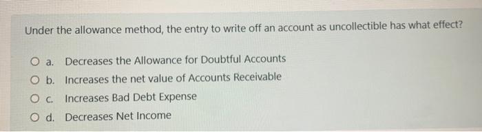 Solved Under the allowance method, the entry to write off an | Chegg.com