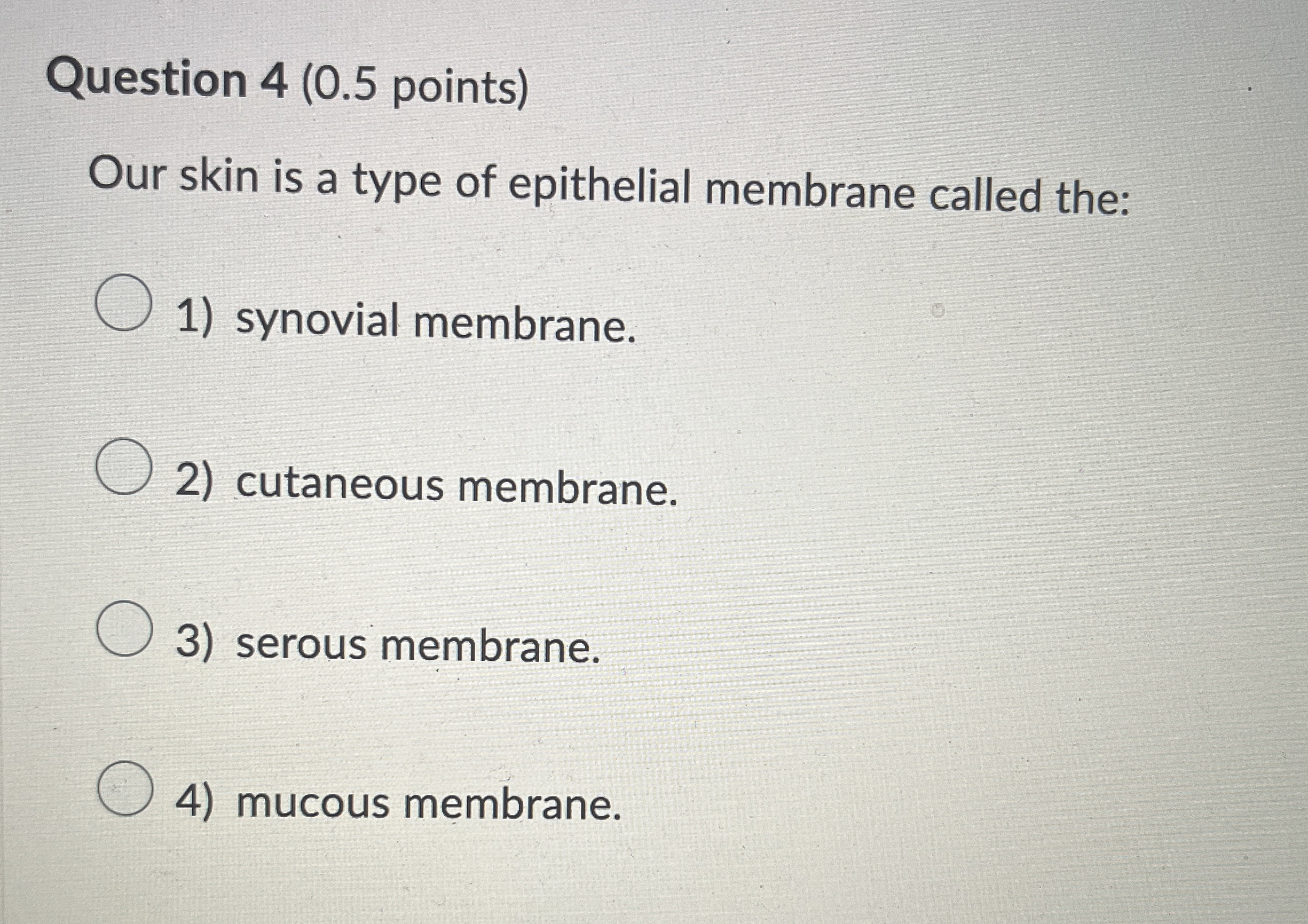 Solved Question 4 ( 0.5 ﻿points)Our skin is a type of | Chegg.com