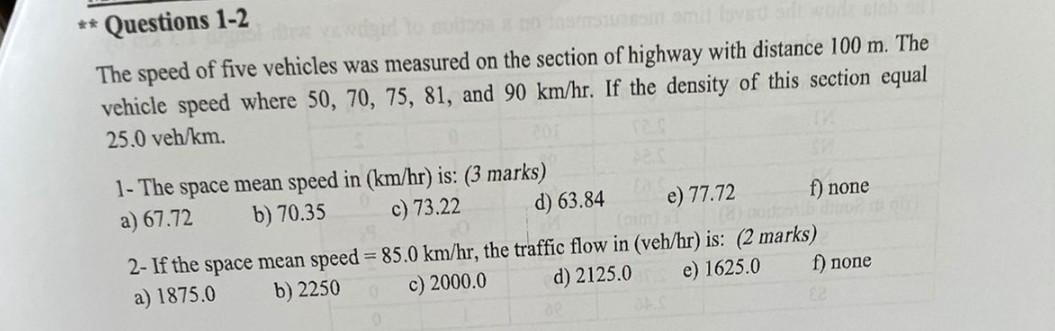 Solved ** Questions 1-2 The speed of five vehicles was | Chegg.com