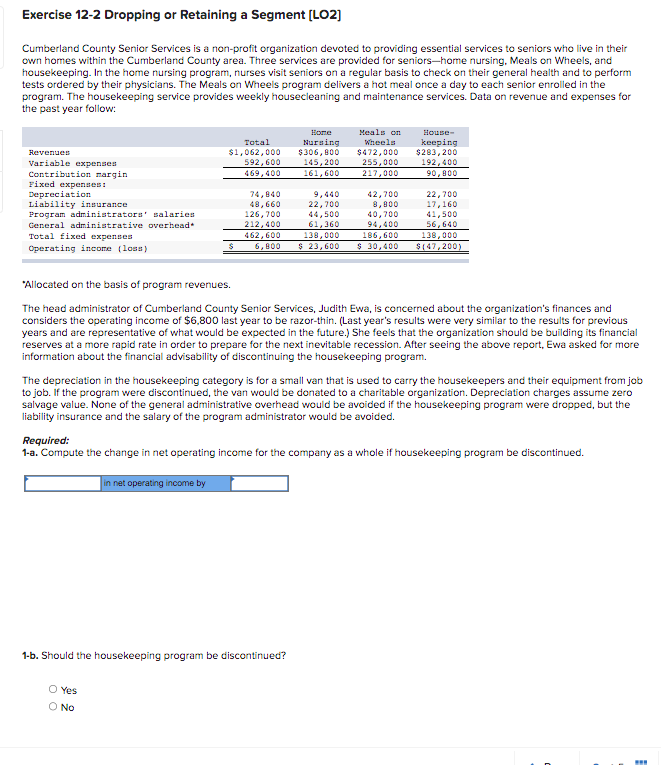 Solved Exercise 12-2 ﻿Dropping or Retaining a Segment | Chegg.com