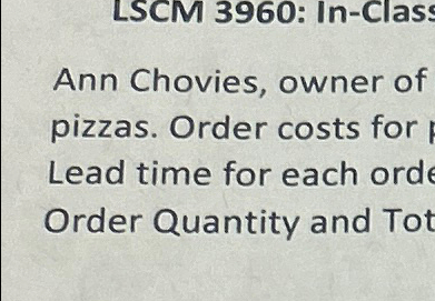 Solved Ann Chovies, owner of pizzas. Order costs for Lead | Chegg.com