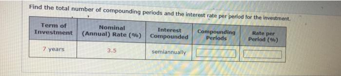 Solved Find the total number of compounding periods and the | Chegg.com