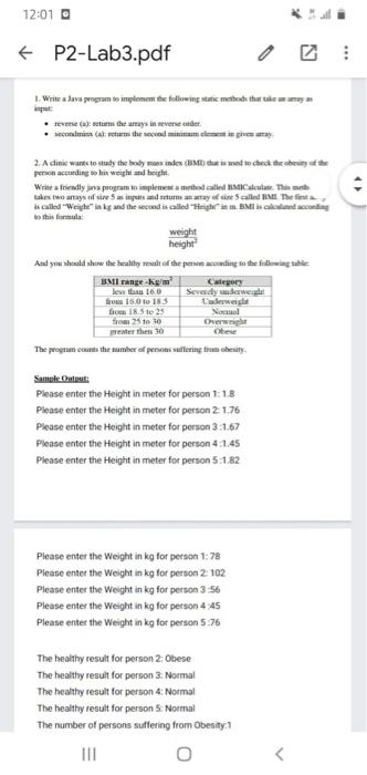 Solved 12:01 a + P2-Lab3.pdf 1. Write a Java program to | Chegg.com