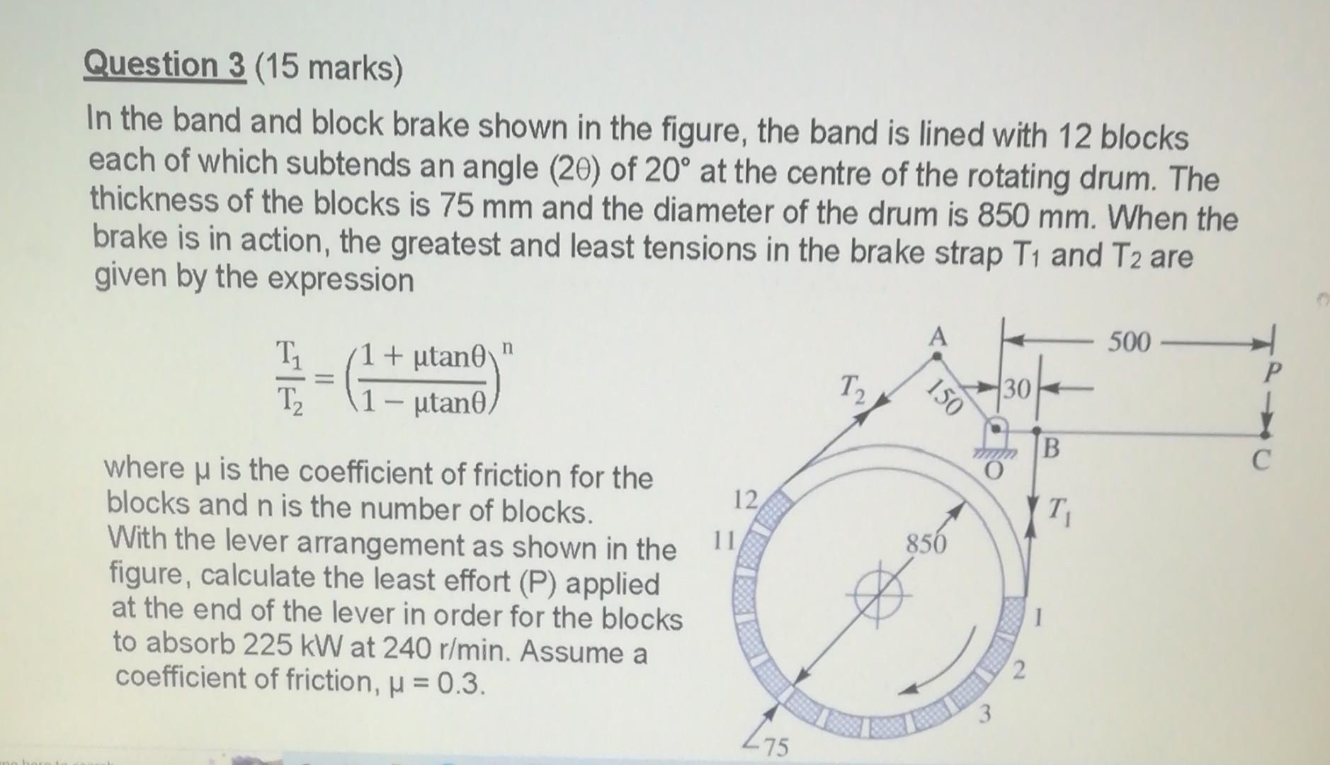 Solved Question 3 (15 marks) In the band and block brake | Chegg.com