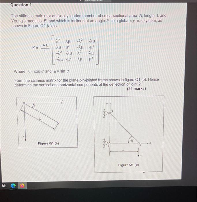 Solved Question 1 The stiffness matrix for an axially loaded | Chegg.com