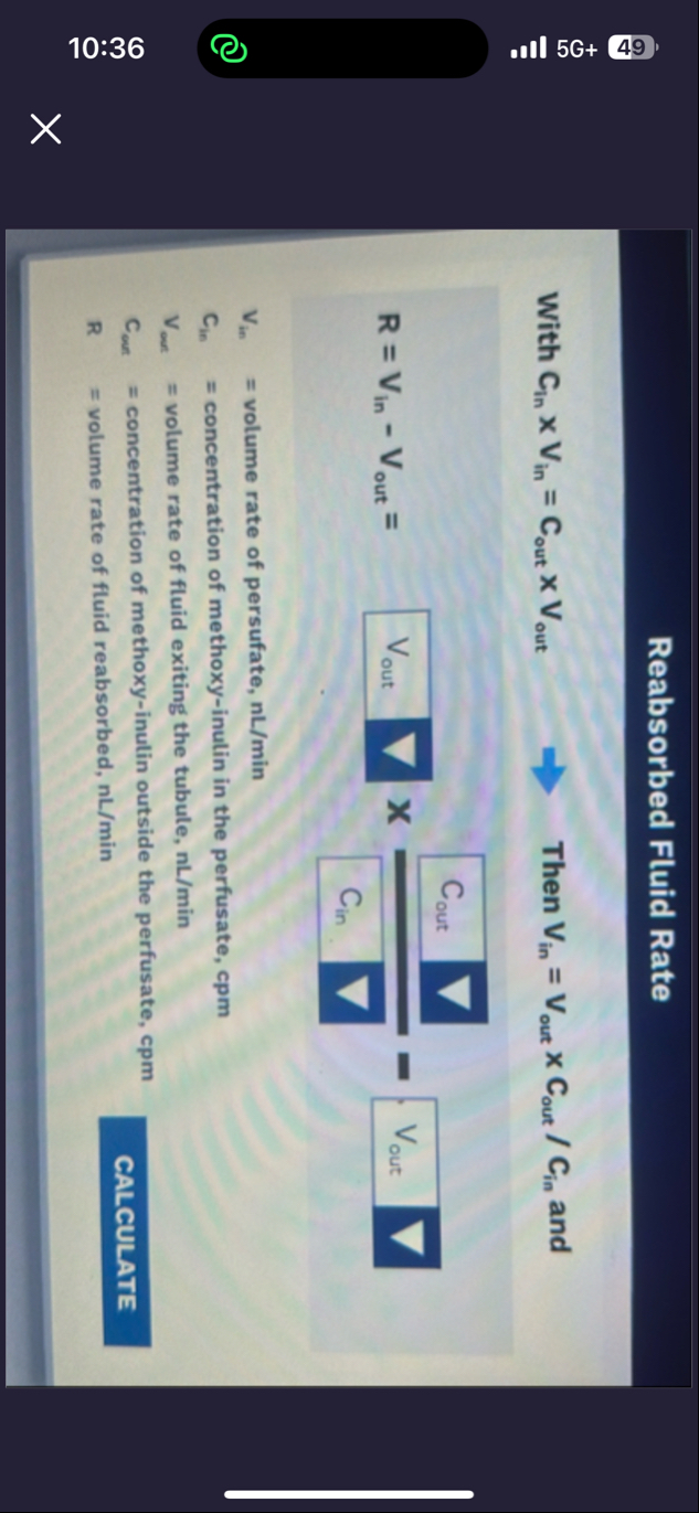 Solved Reabsorbed Fluid RateWith Cin ×Vin =Cout ×Vout => | Chegg.com