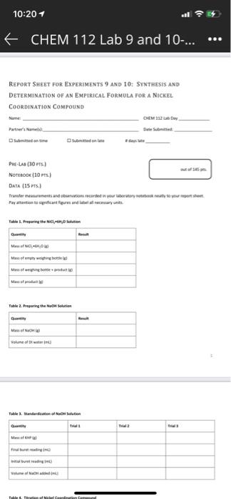 10:20 1 CHEM 112 Lab 9 and 10-... REPORT SHEET FOR | Chegg.com
