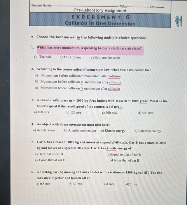 Solved Student Name: 10± Sec: Pre-Laboratory Assignment | Chegg.com