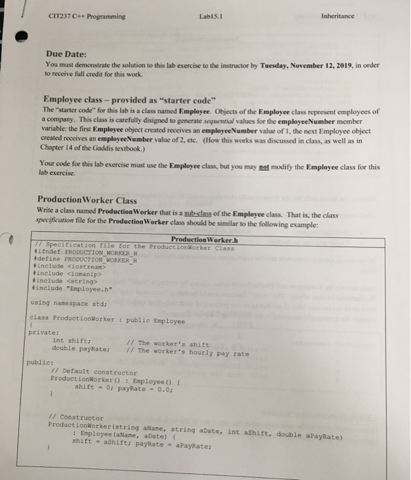 CIT237 C++ Programming Labis.1 Inheritance Due Date: | Chegg.com