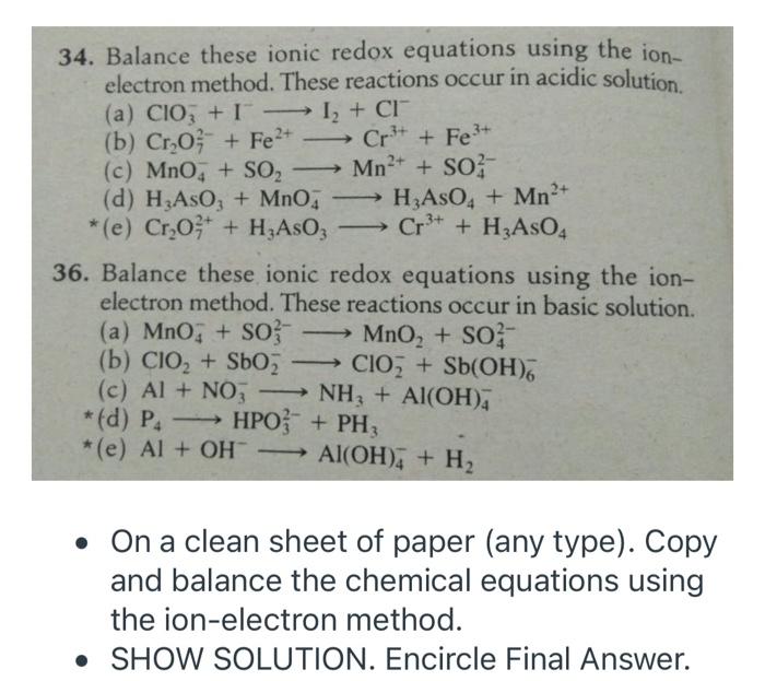 Solved 34. Balance these ionic redox equations using the | Chegg.com