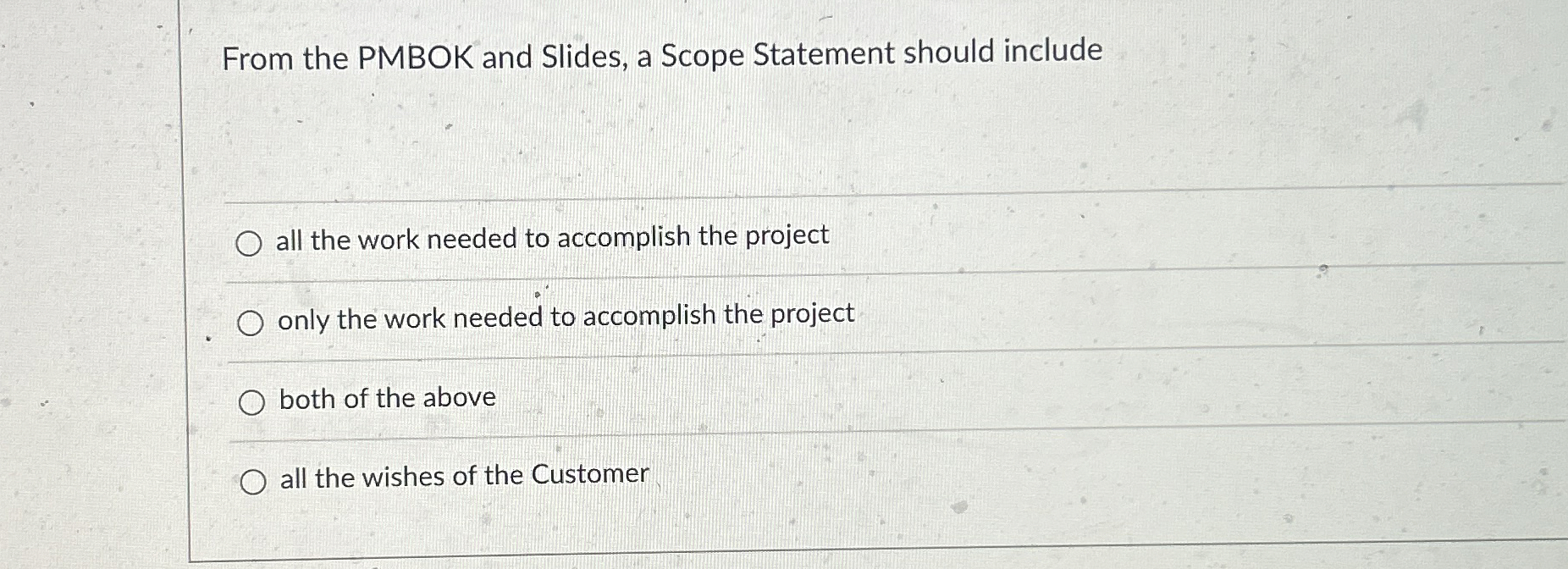 Solved From the PMBOK and Slides, a Scope Statement should | Chegg.com